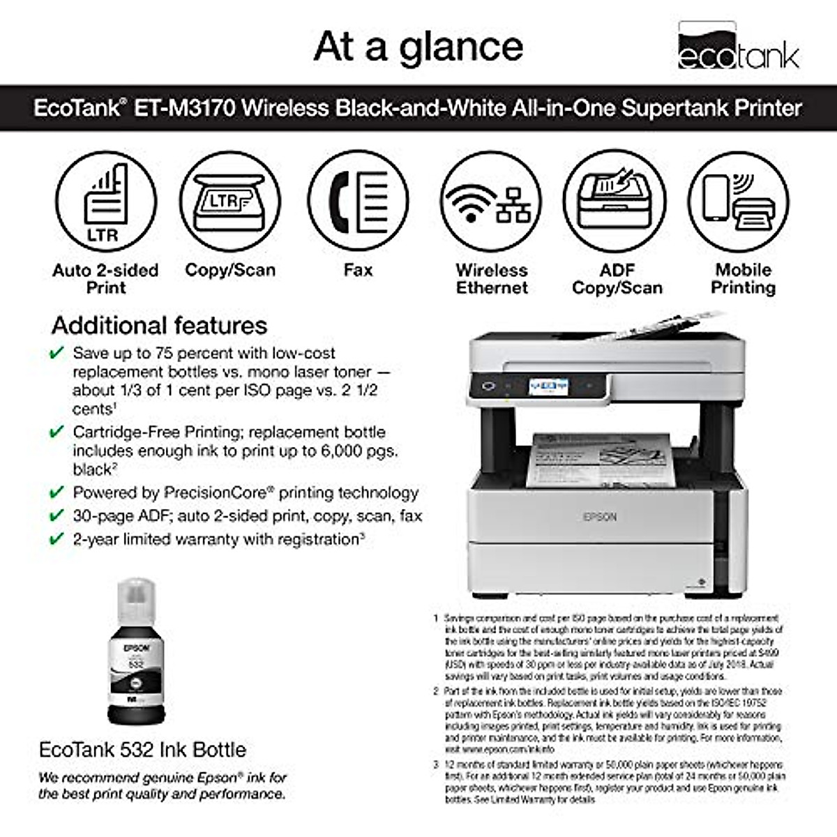 Epson EcoTank ET-M3170 Wireless Monochrome All-in-One Supertank Printer with ADF, Fax and Ethernet PLUS 2 Years of Unlimited Ink*