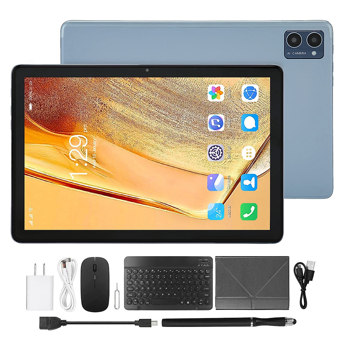 Gugxiom Tablet with Keyboard, 10.1in Office Tablet, 12GB RAM 256GB ROM Gaming Tablet, 1920x1200 FHD Display, 512GB Expandable, 12MP+24MP Camera, Octa Core CPU (Light Blue)