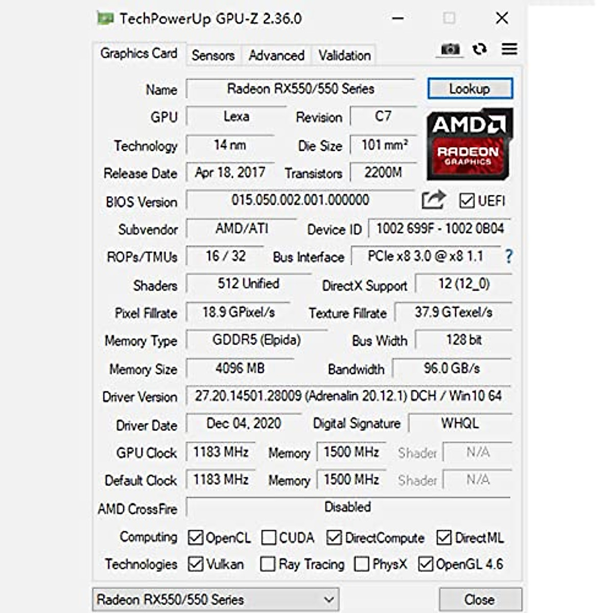 SAPLOS Radeon RX 550 Graphics Card, 4GB, GDDR5, 128-Bit, DisplayPort DVI-D HDMI, ITX Design, PC Video Card Gaming, 4K Output, Computer GPU, DirectX 12