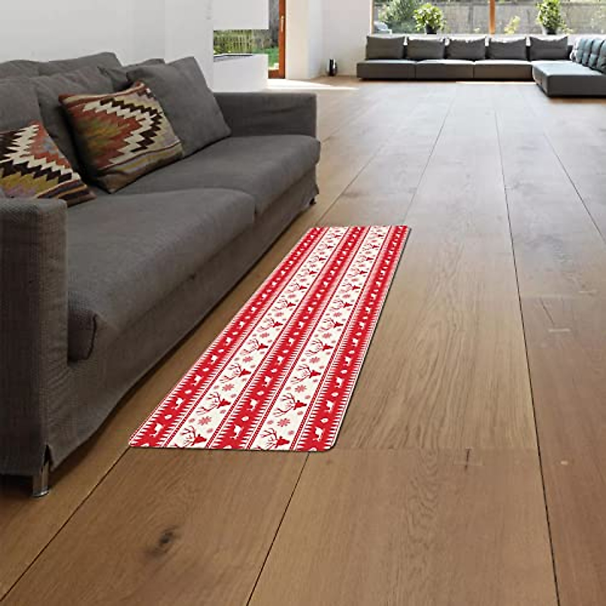 Libaoge Kitchen Mat Rug Set of 2 Christmas Elk Snowflake Xmas Tree Red Stripe Runner Rug Anti-Fatigue Comfort Memory Foam Standing Mat Non-Slip Floor Door Mat for Bathroom Bedroom 18x30in+18x60in
