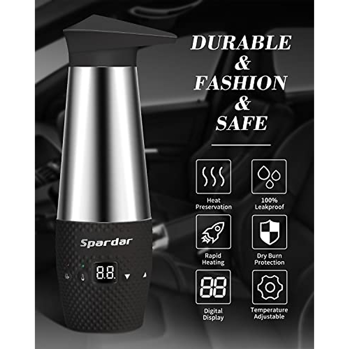 Spardar 12V Car Kettle Water Heating Cup for Car Stainless Steel Fast Water Boiler & Heater with LED Indicator Light for Water, Tea, Coffee and Milk (Black 12V)