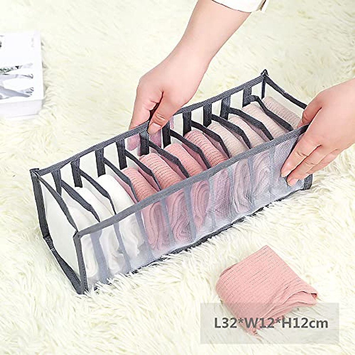 6PCS Drawer Organizer underwear Closet Divider Women (2 X 6,7 and 11 grids) for Clothes Storage Organization, Dresser, Drawer and Closet Organizers for: Underwear, Bra, Sock, & More, Gray (PSL-S13)