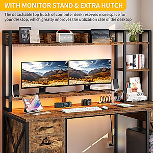 DWVO Computer Desk with Drawers & Hutch, 59.1" Office Desk with Power Outlets & LED Lights, Home Office Desk with Storage Shelves, Rustic Brown