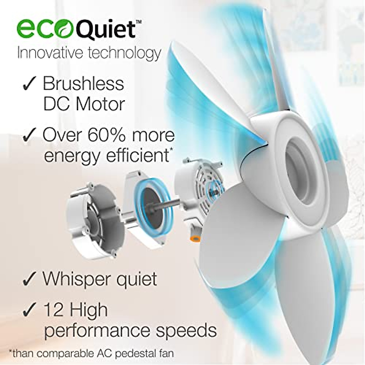 Lasko EcoQuiet Oscillating Pedestal Fan with Whisper Quiet DC Motor, 12 Speeds, 8 Hour Timer, Adjustable Height, Remote Control, White, S18705, Large