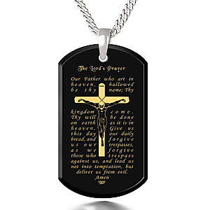 Lord's Prayer Crucifix Cross Necklace Onyx Dog Tag Pendant 24k Gold Inscribed, 20" 925 Sterling Silver