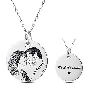 LONAGO Personalized Photo Necklace Sterling Silver Custom Engraved Picture Image Necklace Pendant Black and White Color Gifts (small circle)