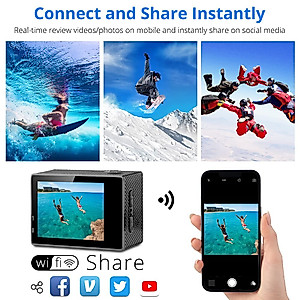 Dragon Touch 4K Action Camera 20MP Vision 3 Underwater Waterproof Camera 170° Wide Angle WiFi Sports Cam with Remote and Mounting Accessories Kit