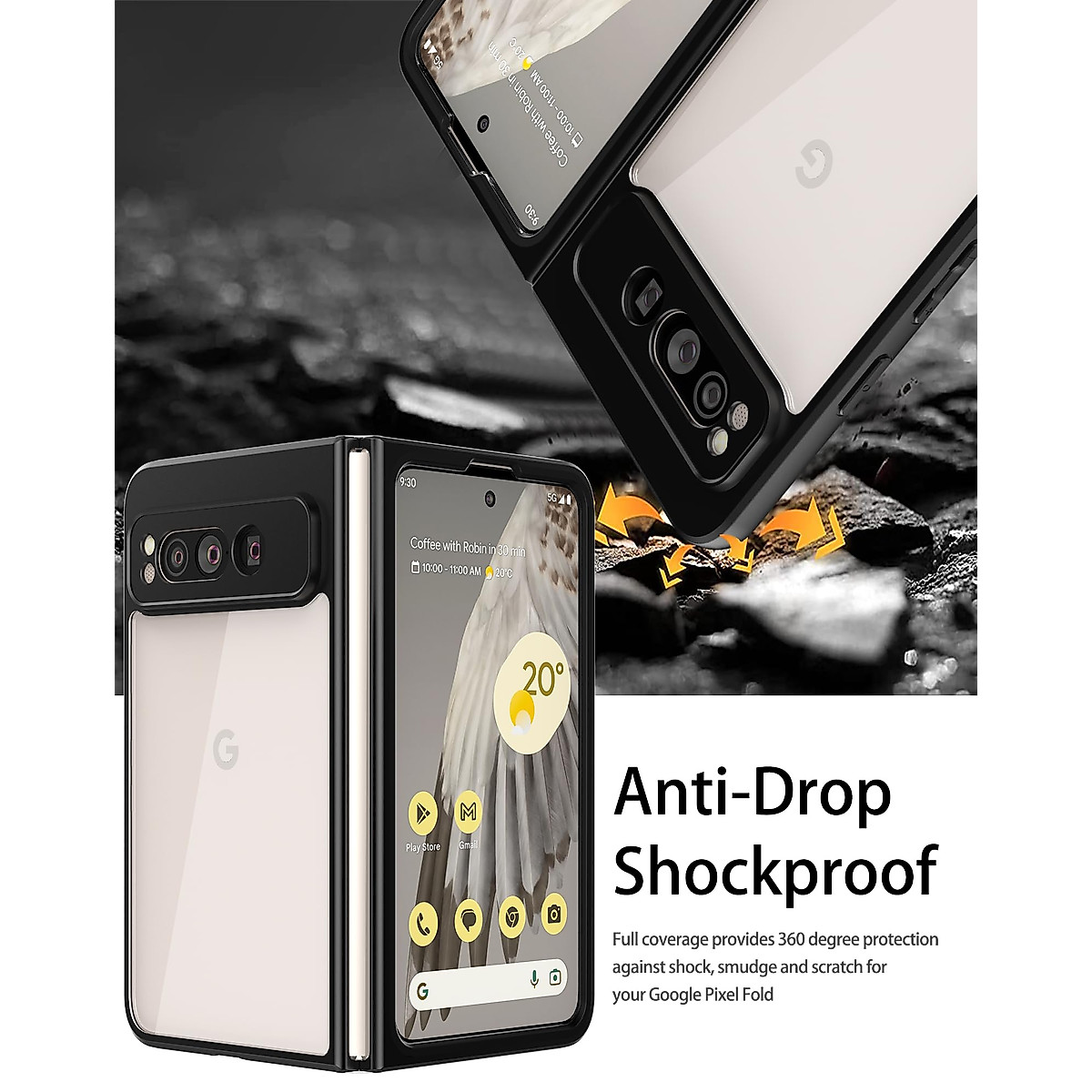 Foluu for Google Pixel Fold 2023 Case, [Not Yellowing] [Military Drop Protection] Shockproof Protective Phone Case Slim Thin Cover for Google Pixel Fold 2023 (Black+Clear)