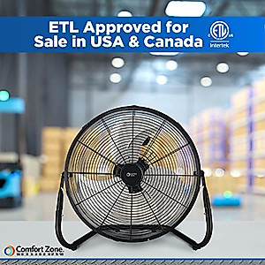 Comfort Zone CZHV18BK 18” 3-Speed High-Velocity Cradle/Floor Fan with 180-Degree Adjustable Tilt, Convenient Carry Handle, and Rubber Feet for Stability, Black