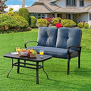 Tangkula Patio Loveseat with Table Set, 2 Seat Cushioned Sofa with Coffee Table, Patio Conversation Sofa Set with Rustproof Frame, 2 Pieces Outdoor Furniture Set for Garden, Poolside, Balcony (Blue)