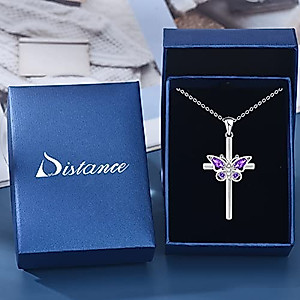 Distance Cross Necklace for Women 925 Sterling Silver Jewelry Pendant Necklace for Mom Wife Gift for Mother's Day or Birthday (Butterfly Purple Cross Necklace)