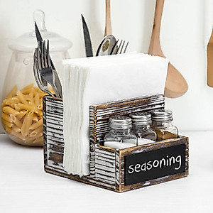 MyGift Torched Solid Wood Farmhouse Napkin and Salt and Pepper Shakers, Tabletop Napkin Holder, Condiment and Utensil Holder with Chalkboard