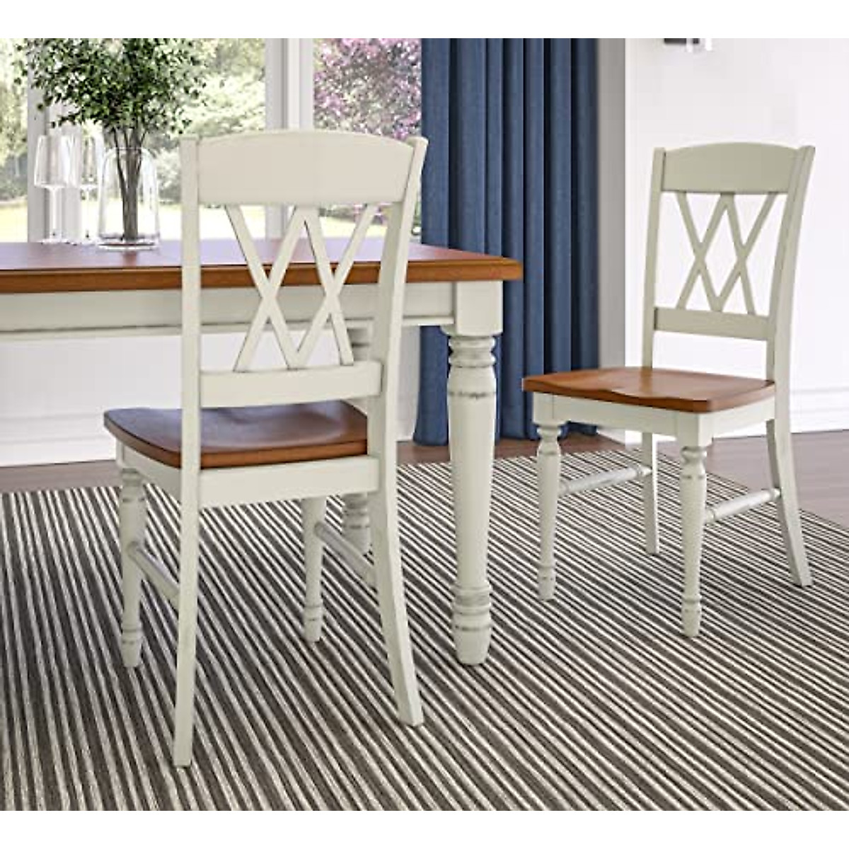 Home Styles Monarch Double X-back White and Oak Dining Chairs, with Solid Hardwood Construction, Turned Legs, and Distressed Oak Finish, Set of Two
