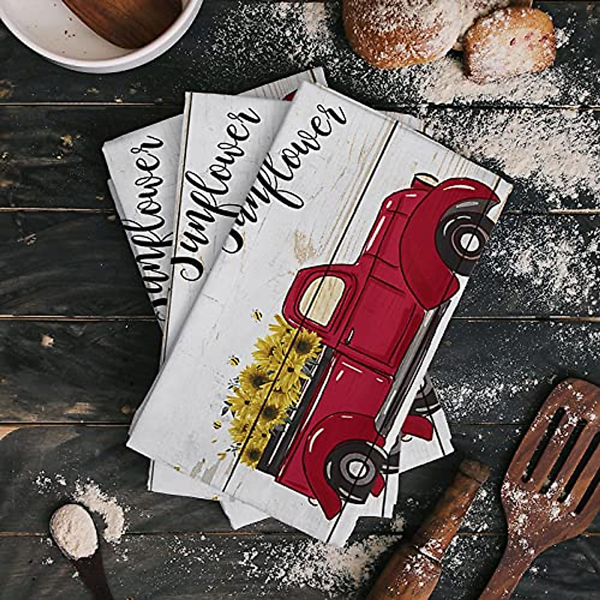 Kitchen Towels – 28”x 18”Large Kitchen Hand Towels Red Truck Loads of Sunflower on The Wooden Board Soft Microfiber and Absorbent Towels Set with Hanging Loop