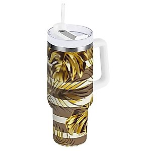 ODAWA 30 Oz Tropical Leaves Stripe Brown Insulated Water Bottle with Lid and Straw, 2 in 1 Lid Insulated Double Insulated Tumblers