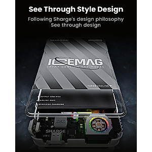 sharge ICEMAG Magnetic Power Bank, World's First 10000mAh Battery Pack with Active Cooling for MagSafe, Transparent Portable Charger with 20W USB-C Input/Output for iPhone15/15 Pro/15 Pro Max/ 14/13