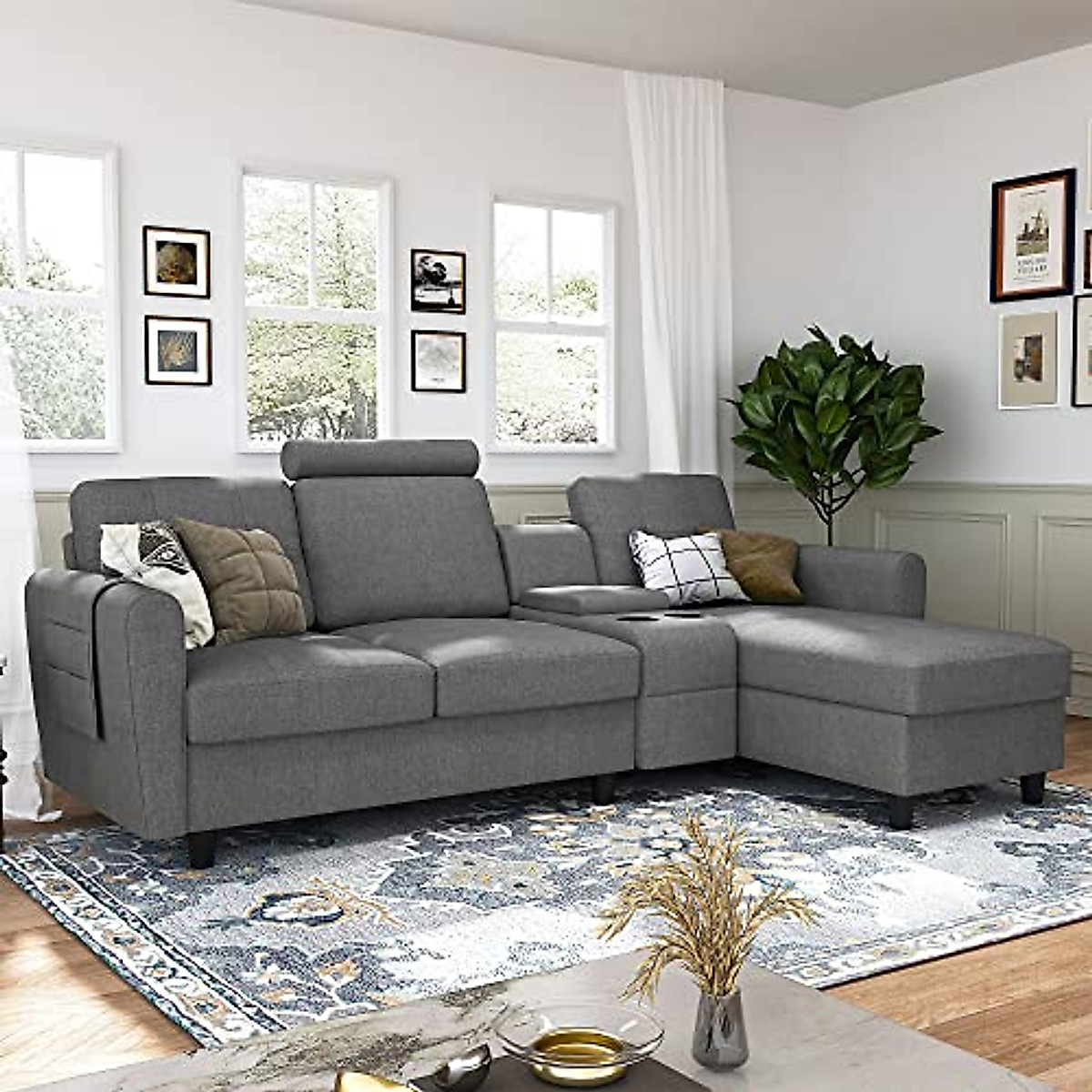 HONBAY Reversible Sectional Sofa Couch Modern Upholstered L Shaped Sofa with Cup Holders & Storage Console, Left or Right Side Chaise Sectional Sofa for Living Room Office, Grey