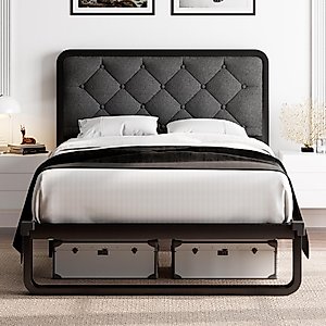 Feonase Twin Size Bed Frame, Upholstered Platform Bed Frame with Heavy-Duty Metal Steel Slats, Diamond Linen Headboard, 12" Storage Space, No Box Spring Needed, Noise Free, Easy Assembly, Dark Gray