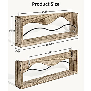 Sapowerntus Wood Book Shelves Wall Mounted, Rustic Nursery Magazine Holder Organizer Vinyl Record Rack with Curve Rail Wave Design, Wall Bookshelf Home Room Office Decor, Set of 2