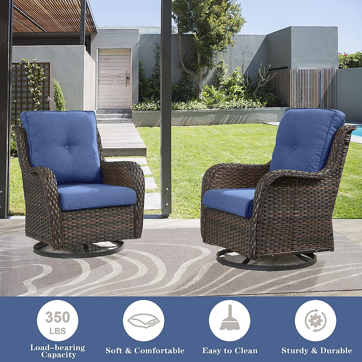 Belord Wicker Patio Furniture Sets - 8 Piece Rattan Outdoor Furniture Conversation Sets with 4 Swivel Rocker Chairs, Rattan Sofa, Wicker Ottomans and Coffee Table, Brown/Blue