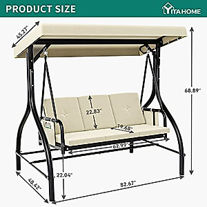 YITAHOME Porch Swing Bed 3-Seats Outdoor Patio Swing Heavy Duty Swing Chair with Adjustable Canopy Removable Cushion, Suitable for Adult in Garden, Poolside, Balcony, Beige