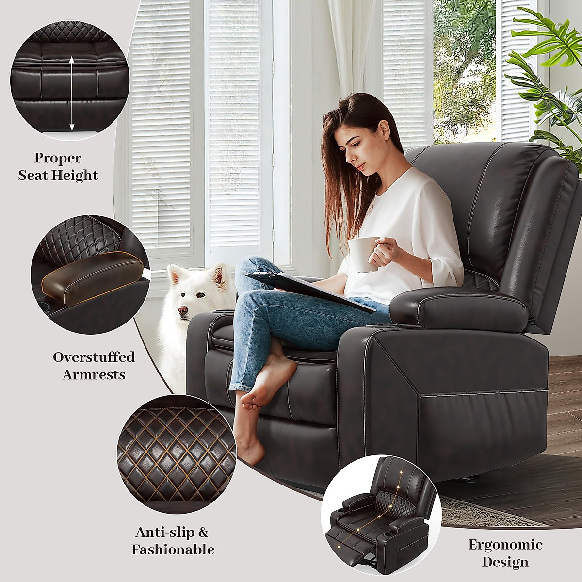 Yolsali Loveseat Recliner Sofa Set with 2-Tier Cushion, 2+1+1 Pieces in Living Room, 2 Seater Reclining Loveseat Leather with Removable Console, 2 Oversize Recliner Chair Sofa Seat