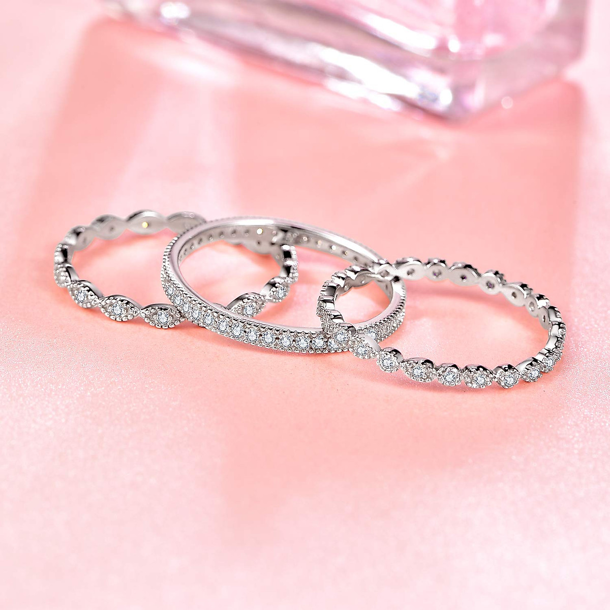 AVECON Wedding Rings for Women Anniversary Eternity Bands Womens 3 Stackable Rings CZ Engagement Bridal 925 Sterling Silver Ring Sets Size 9