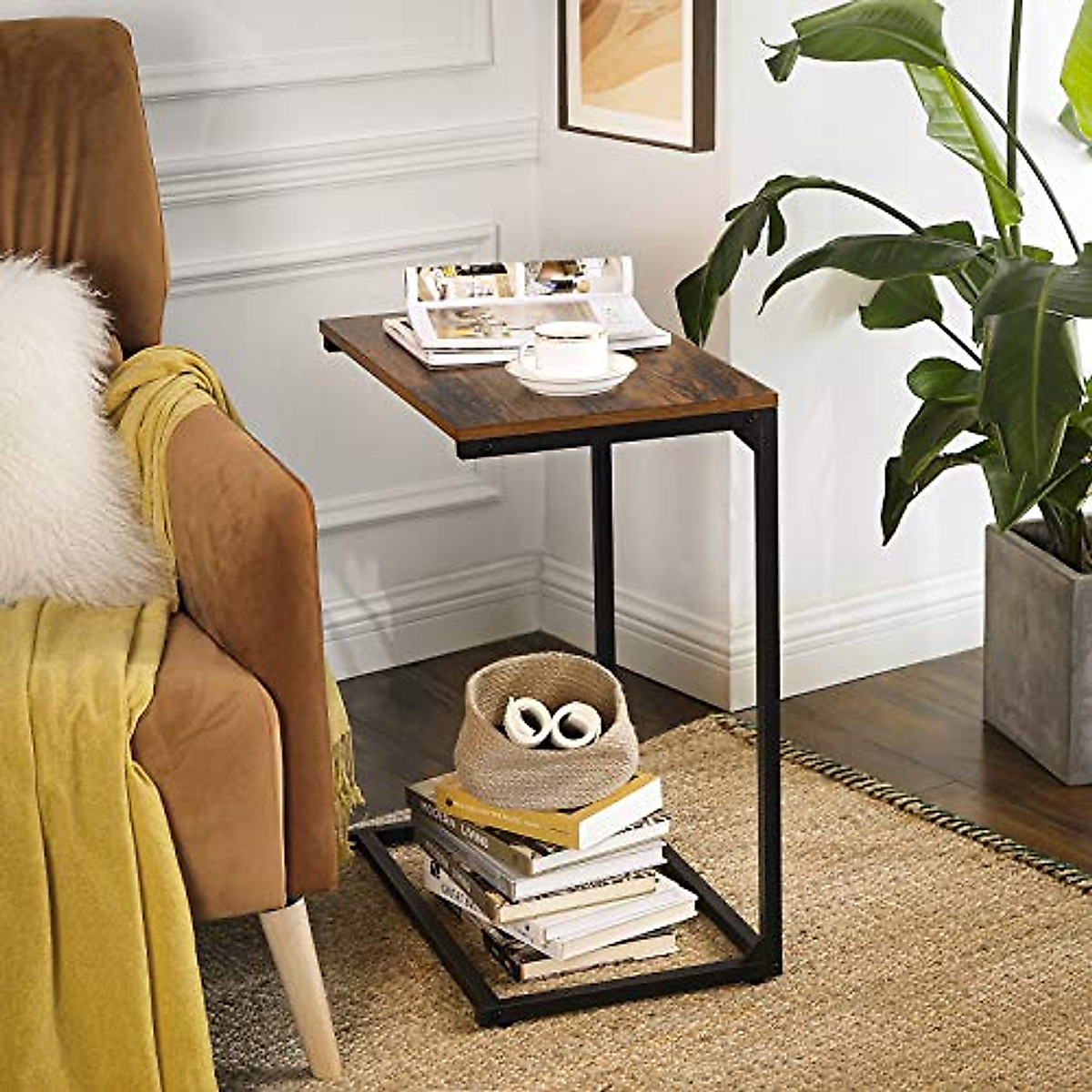 VASAGLE C Shaped End Sofa and Bed 21.7 Inches Side Table for Living Room, TV Tray, 13.8 x 21.7 x 26 Inches, Rustic Brown and Black