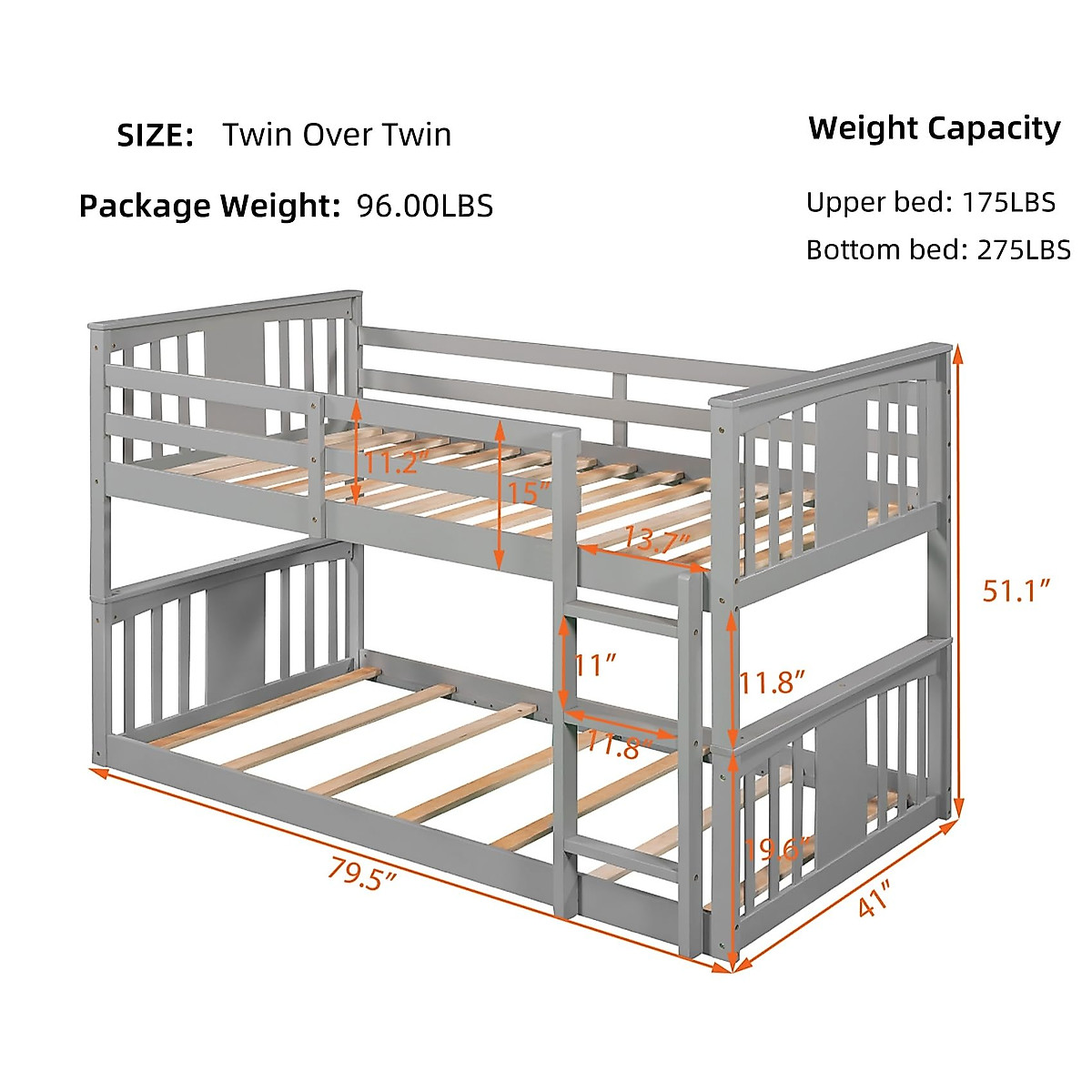 Merax Kids Bunk Bed Twin Over Twin, Wood Low Floor Bunkbed with Stairs Guardrail for Boys, Girls, Toddlers, No Box Spring Required, Grey
