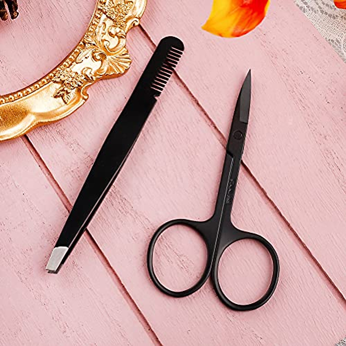 Eyebrow Scissors with Comb Tweezer, Multi-Purpose Stainless Steel Curved Small Eyelash Scissors Tweezer Comb for Women Eyebrow Eyelash Facial Gromming (Black)