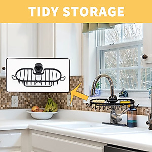 AIVIIN Aluminum Faucet Sponge Hook Holder for Kitchen Sink, Adjustable Detachable Over Aluminum Rack Caddy Organizer for Bathroom, Scrubbers, Compatible with Faucets 0.25-1 Inches in Diameter, Black