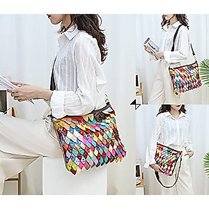 Segater Women Random Multicolor Shoulder Bag Genuine Leather Handbag Splicing Satchel Leaf Patchwork Colorful Crossbody Purses