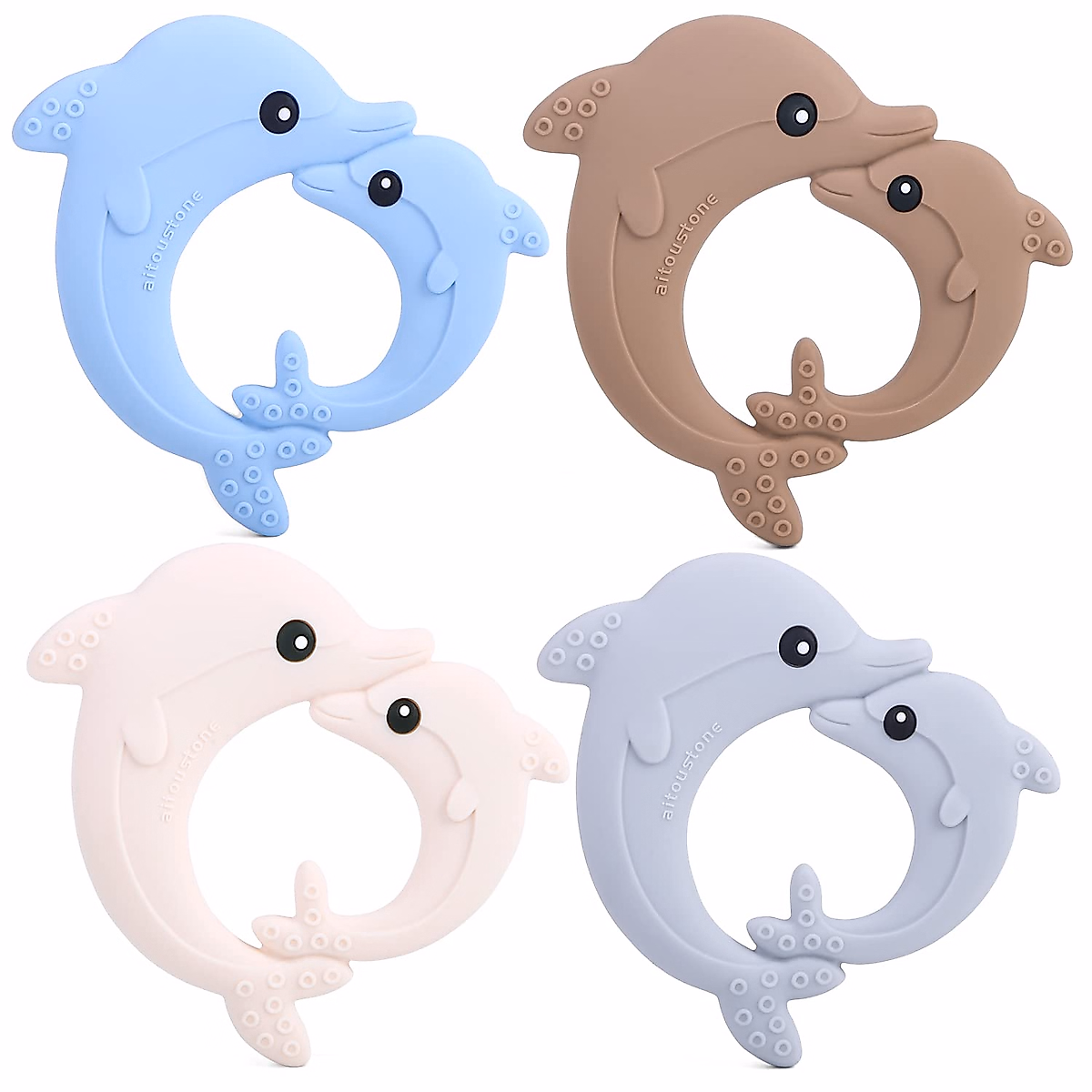 Aitoustone Soft Dolphin Teething Teether Toys for Babies 0-6 & 6-12 Months, 4 Pack Gift, BPA Free, Chewing Relief with Easy to Hold Handles