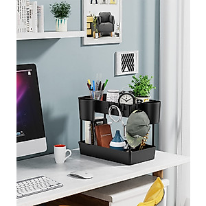 Under Sink Organizer, 2 tier Kitchen Under Cabinet Countertop Organizers Storage Rack Basket with 5 Hooks and 2 Hanging Cup for Bathroom, Kitchen, Pantry (1)