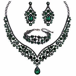 chaoyite Women's Statement Necklace Earrings Link Bracelet Set for Bride Austrian Crystal Wedding Bridal Costume Jewelry Sets (green crystal-black tone)