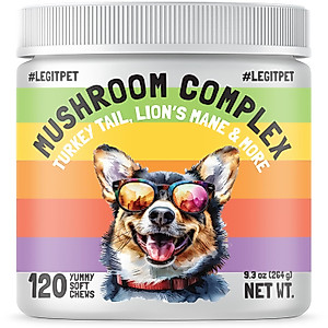Mushroom Complex Treats for Dogs with Reishi, Shiitake, and Turkey Tail Mushrooms for Cognition and Immune Boosting Supports Digestive Health and Reduces Inflammation DHA EPA Turmeric Kelp (120pcs)