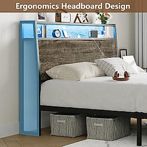 REVOMINCA Twin Bed Frame with Charging Station and LED Lights, Ergonomic Headboard, Metal Platform Bed Frame with Storage Shelves, Heavy Duty Steel Slats, No Noise, Easy Assembly