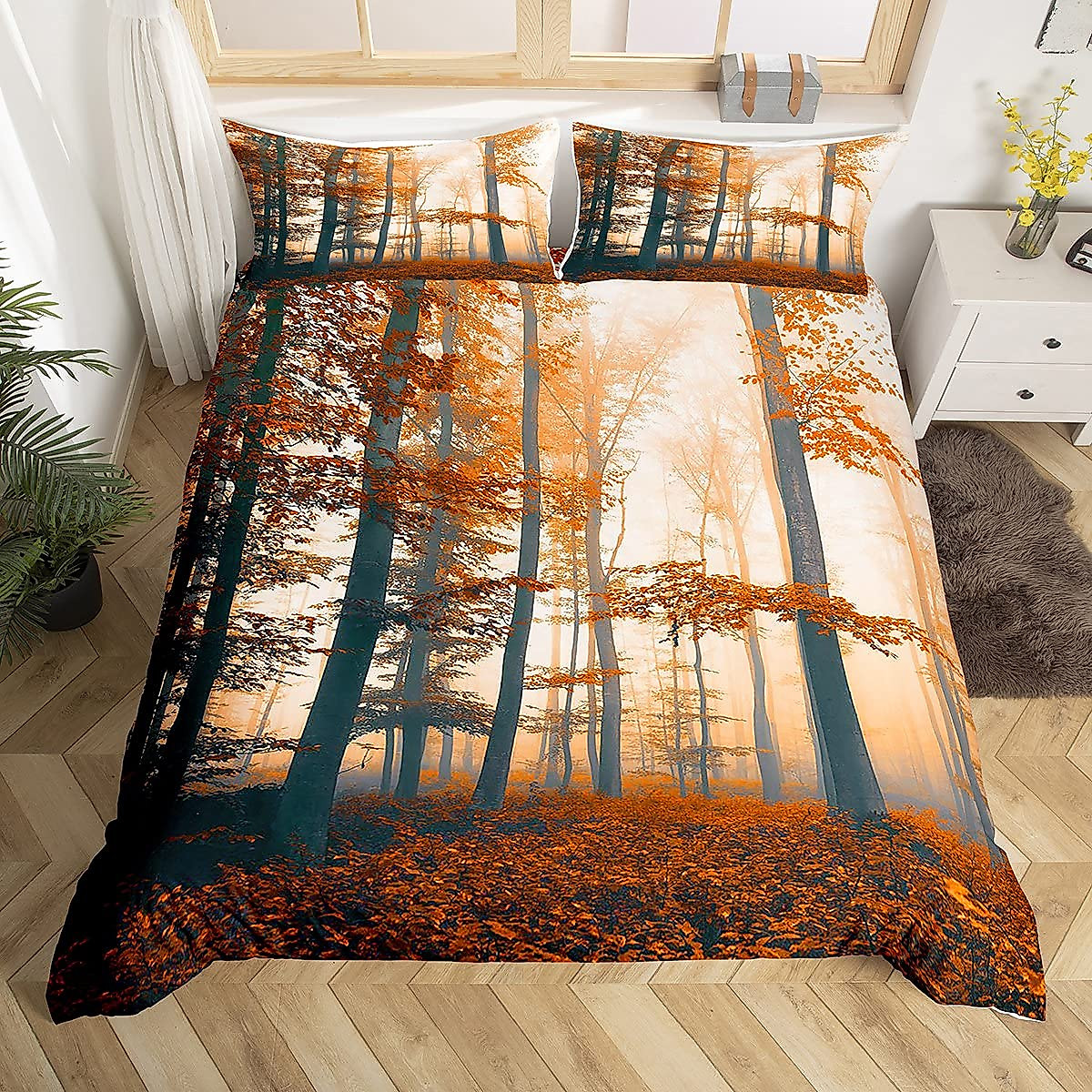 Erosebridal Tree Lush Bedding Set Dense Birch Trees with Red Leaves Duvet Cover Jungle Nature Botanical Print Comforter Cover, Mystical Under Heavy Fog Tall Trees Bed Set, Orange Brown Queen Size