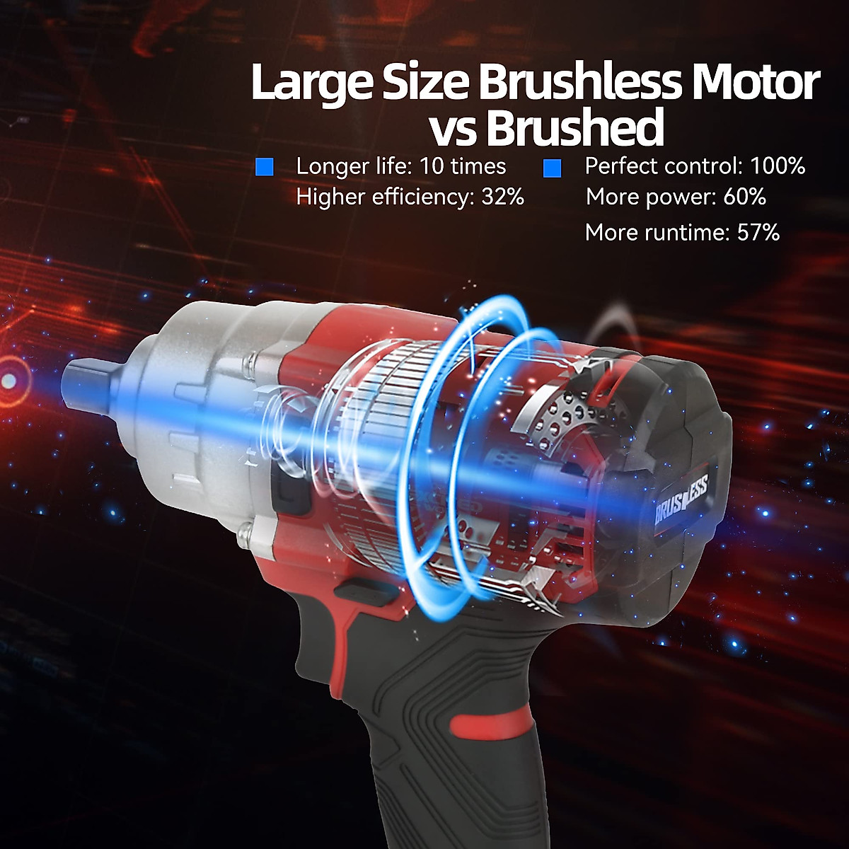 Excited Work 20V Brushless Impact Wrench with 1/2inch 4 Pcs Impact Wrench Socket Set，370 Ft-lbs(500Nm) High Torque，4.0Ah Li-ion Battery Tire Nut Removal Cordless Power Tool