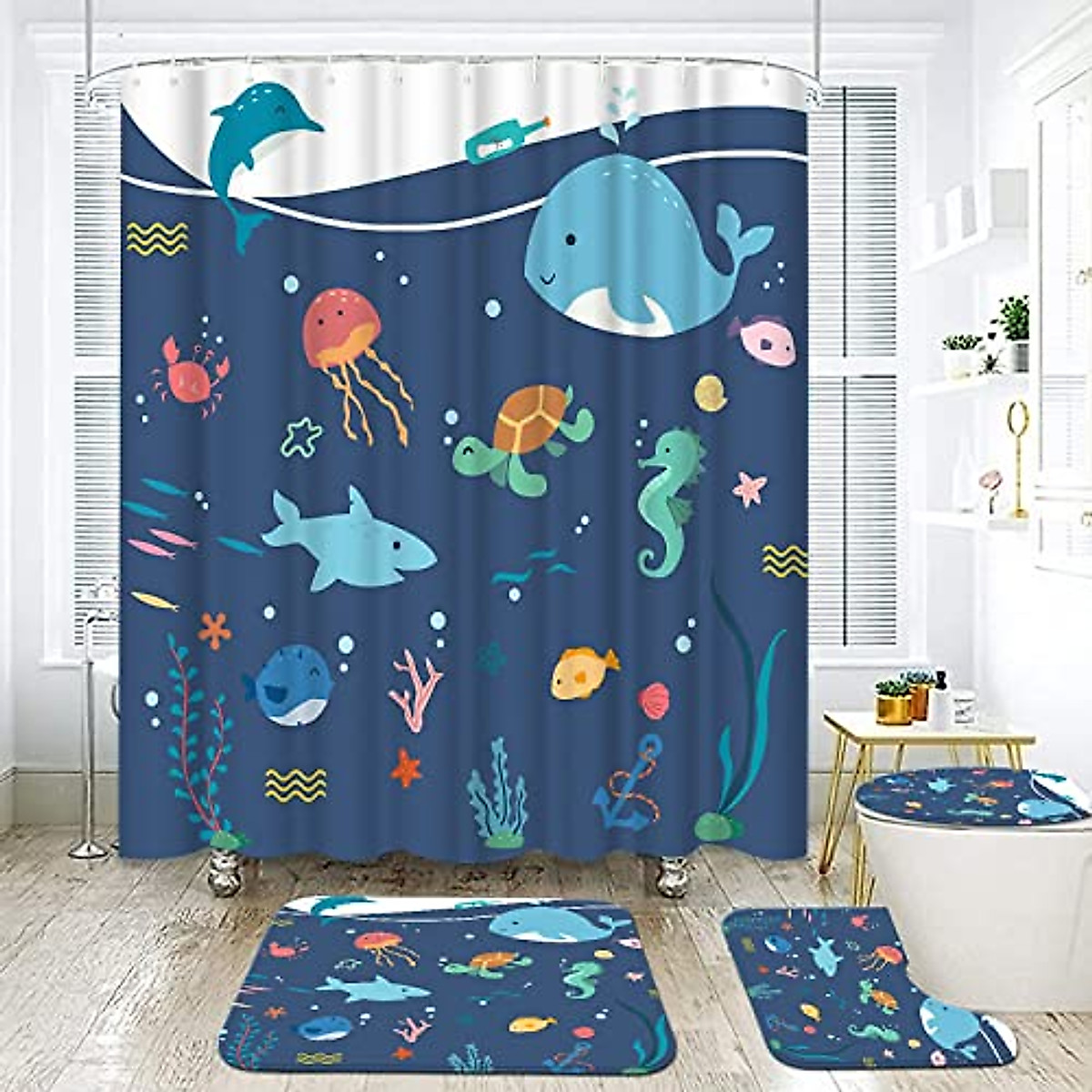 AtGoWac 4 Piece Blue Ocean Fish Shower Curtain Sets with Rugs, Lovely Cartoon Undersea World Shower Curtains, Kids Children Bathroom Decor Set