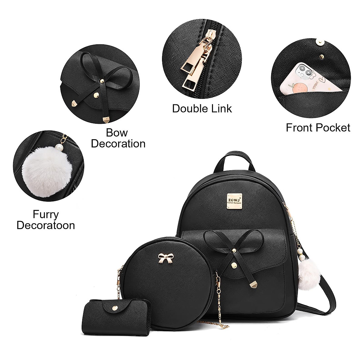 Aogist Mini Leather Backpack Purse 3-Pieces Fashion Bowknot Zipper Bags Cute Casual Travel Daypacks for Women (Black)