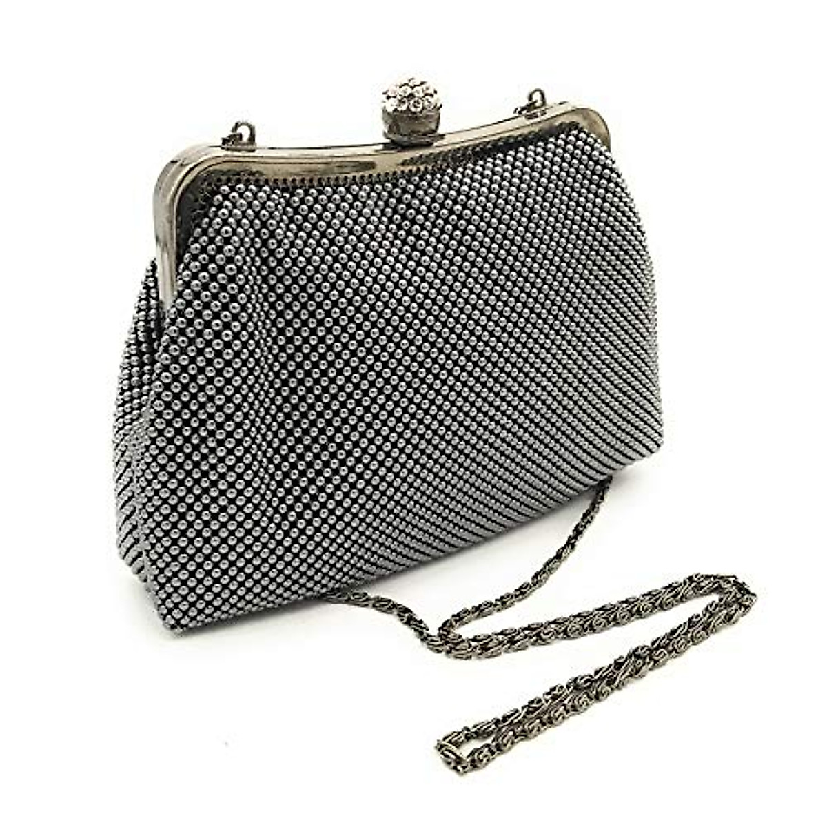 Women clutch small metal beaded mesh evening purse bag for Cocktail Party Prom Wedding Banquet (Gun Metal)