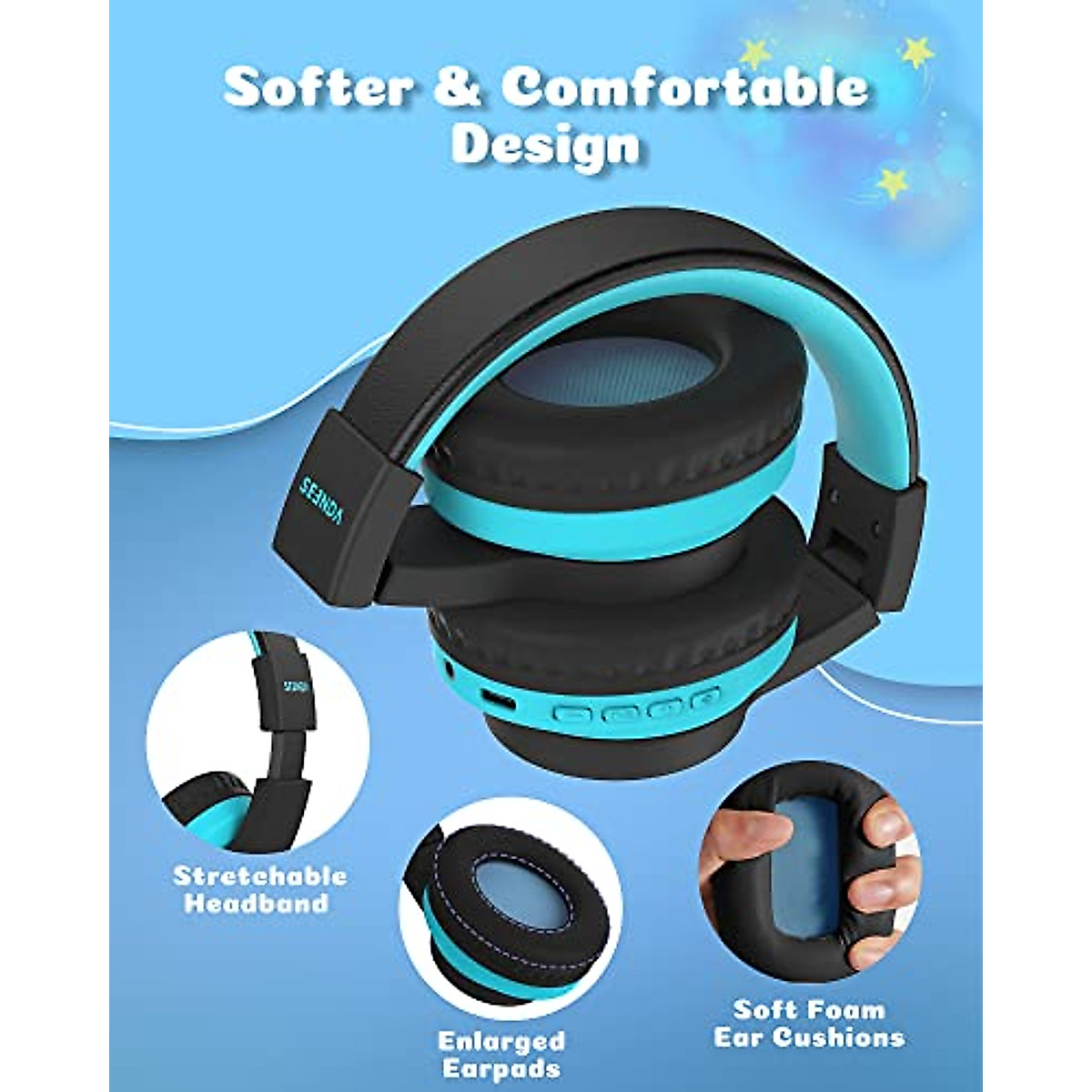 Kids Bluetooth Headphones, Colorful Wireless Over Ear Headset with 85dB/94dB Volume Limited, 45H Playtime, 3 Lighting Modes, Built-in Mic Headphones for Boys Girls iPad Tablet School Airplane Blue