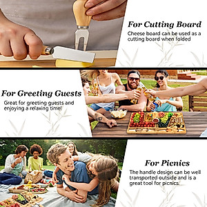 UTCG Bamboo Charcuterie Board Set - Large Folding Cheese Board with Knife Set - Unique White Elephant Gift, House Warming Gift, Wedding Gift - 22.8 x 11.4 Inches