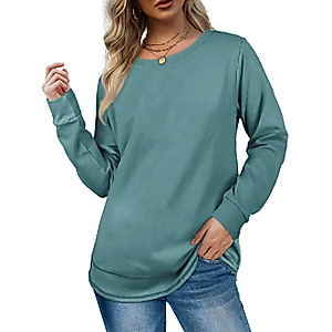 Dofaoo Sweatshirts for Women Crewneck 2024 Fall Tops Lightweight Sweater Solid Color Green XL