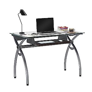 Techni Mobili Modern Work Desk-43.25” Wide Tray-Perfect Clear Contempo Glass Top Computer Desk with Pull Out Keyboard Panel, 43.25" W