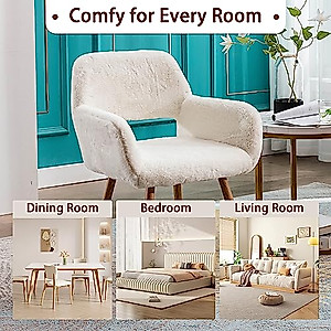 GOOLON Desk Chair No Wheels 1 PC, Modern Fluffy Office Chair, Furry Vanity Chair for Bedroom with Hollow-Out Backrest Comfy Armrest Soft Cushion Sturdy Wood Frame with Metal Legs for Home, White