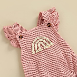 Douhoow Infant Baby Girl Rainbow Boho Ruffled Sleeveless Rompers Clothes with Headband (Pink, 3-6 Months)