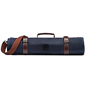 Chef Knife Bag Professional – 12 Slot Knife Roll 16oz Waxed Canvas Leather - Culinary Knife Case to Store & Travel – Light, Portable, Durable (Blue Brown)