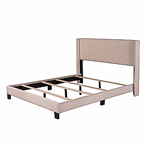 HBRR Queen Size Bed Frame with Velvet Upholstered Headboard, Low Profile Platform Bed with Wood Slats, Fully Upholstered Mattress Foundation, Noise-Free, Easy Assembly, Beige